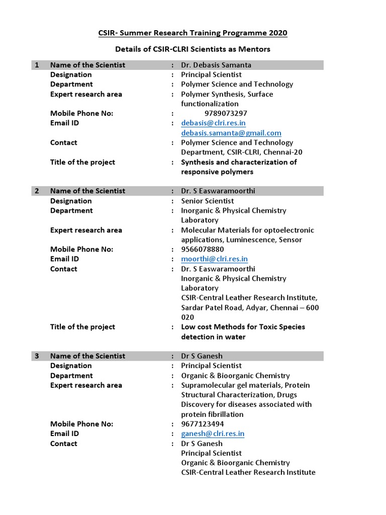 CSIR-Summer Research Training Programme 2020 Details of CSIR-CLRI Scientists As Mentors | PDF ...