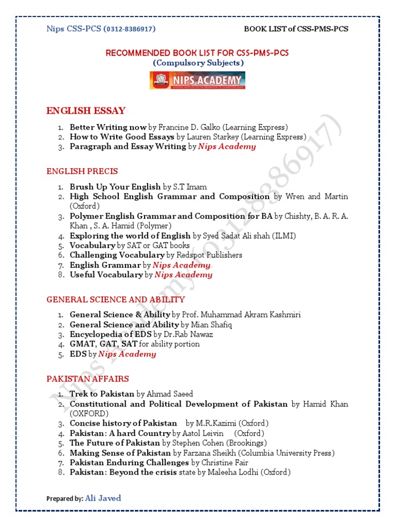 English Essay: Recommended Book List For Css-Pms-Pcs | PDF | Pakistan ...