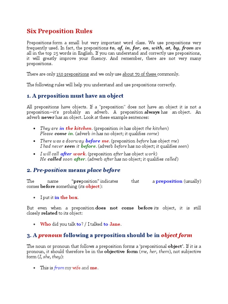 Six Preposition Rules: 1. A Preposition Must Have An Object | PDF ...