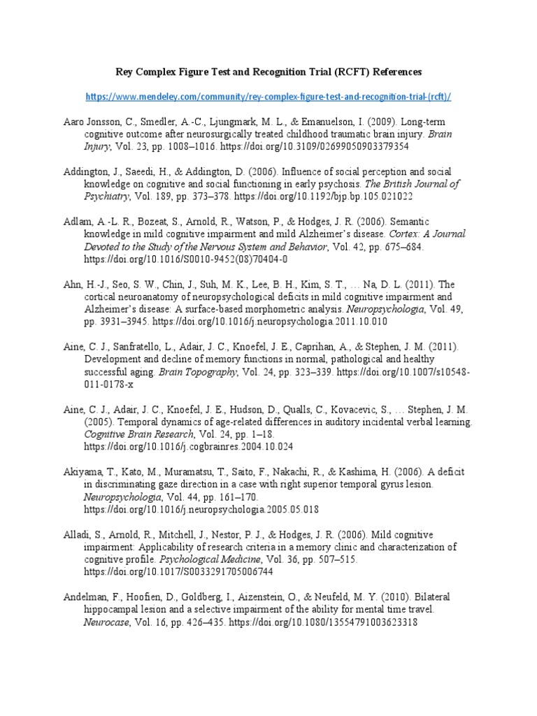 Rey Complex Figure Test and Recognition Trial (RCFT) References | PDF ...
