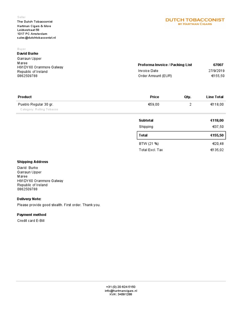 David Burke Proforma Invoice / Packing List 67007 | PDF | Tobacco ...