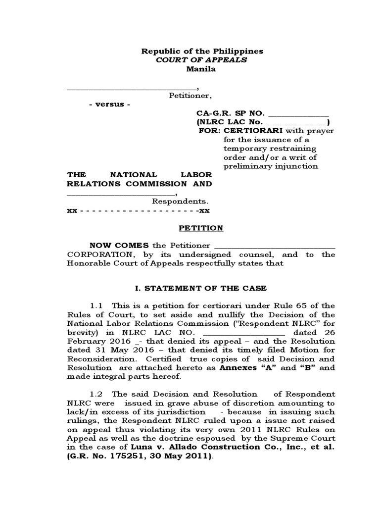 Certiorari (CA) Template | PDF | Complaint | Injunction