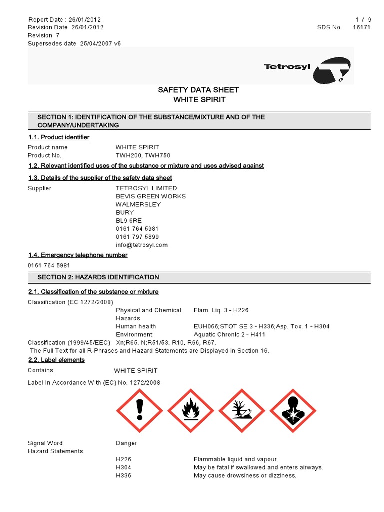 Safety Data Sheet White Spirit | PDF | Volatile Organic Compound | Toxicity