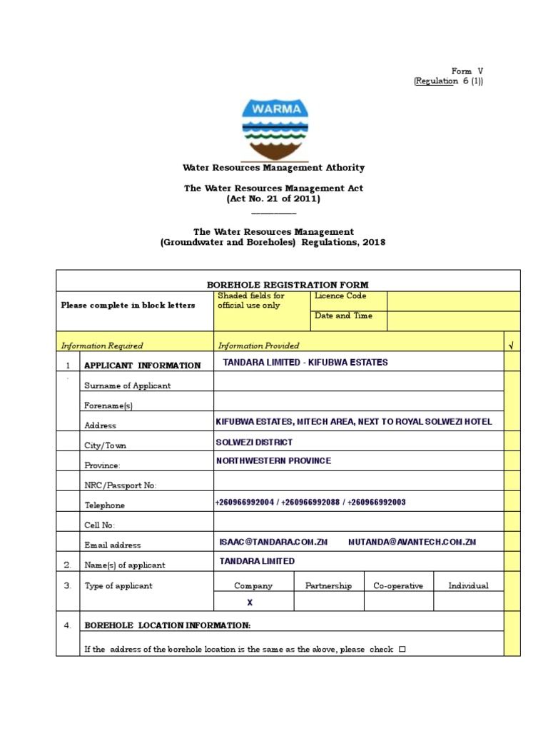 Borehole Registration Application Form | PDF | Business