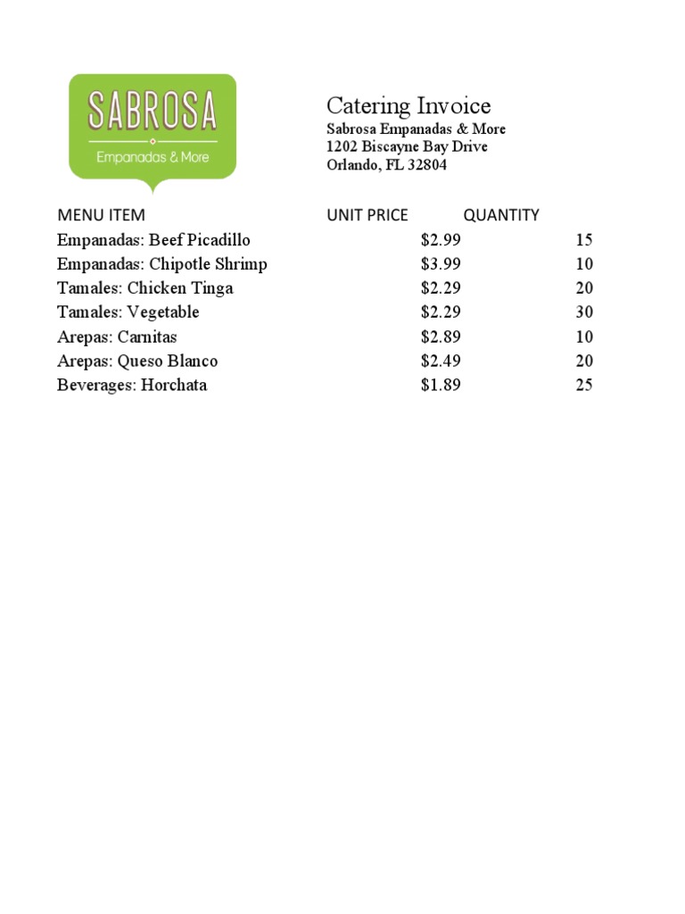 Catering Invoice: Sabrosa Empanadas & More 1202 Biscayne Bay Drive ...