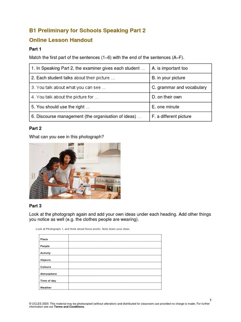 B1 Preliminary For Schools Speaking Part 2 - Teaching Online Handout ...