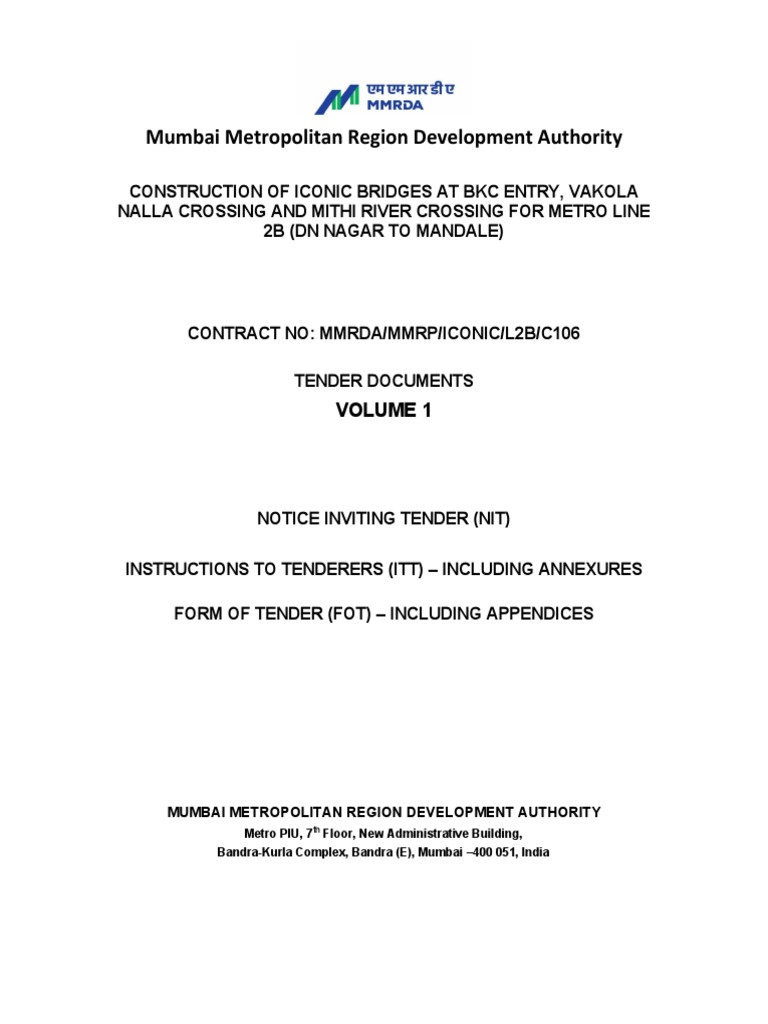 C106 Vol-1 (NIT ITT FOT) - MMRDA-1 | PDF | Legal Tender | Payments