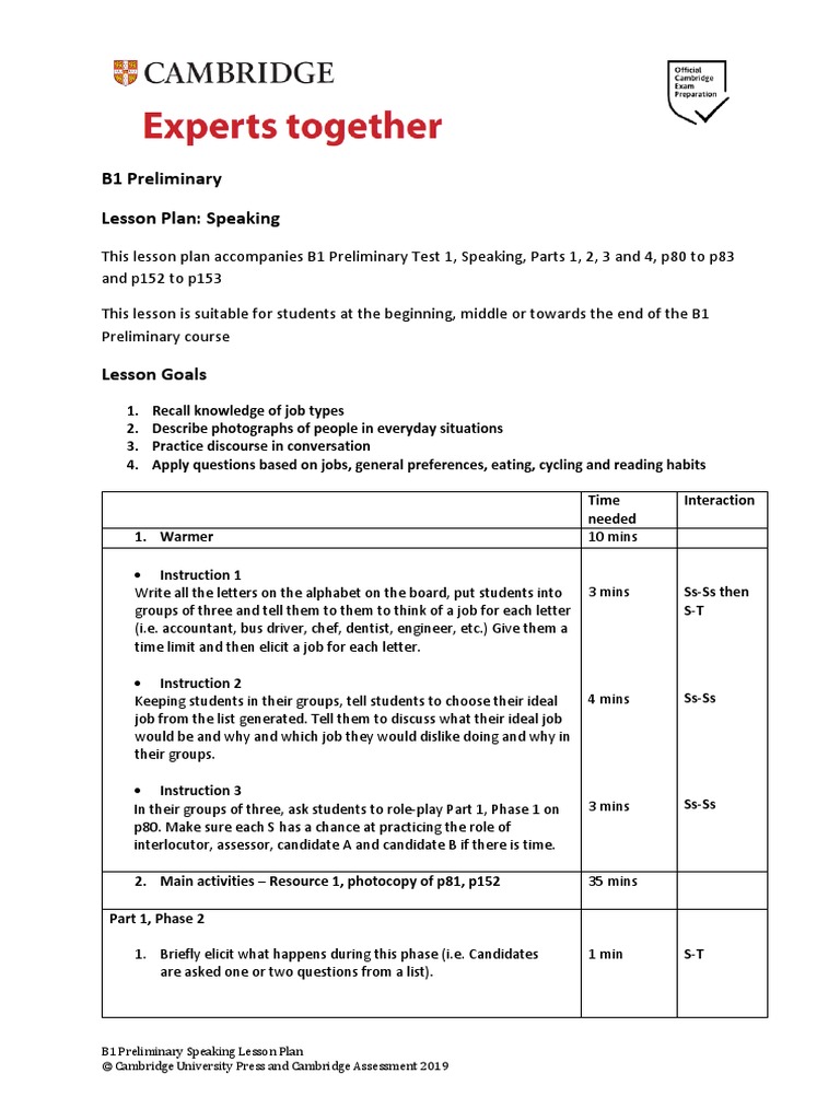 Speking B1 Lesson Plan | PDF | Lesson Plan | Cognition
