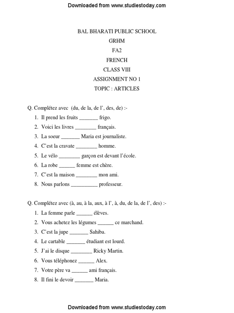 CBSE Class 8 French Worksheet PDF | PDF