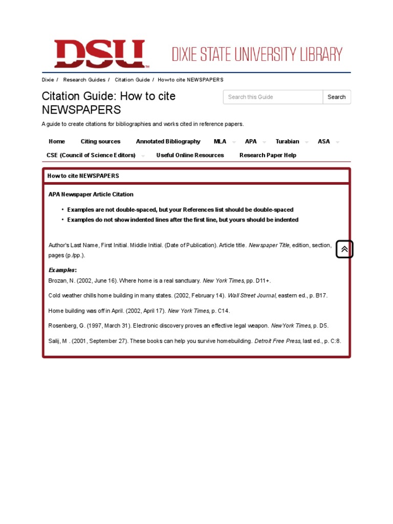 Dixie / Research Guides / Citation Guide / How To Cite NEWSPAPERS | PDF ...