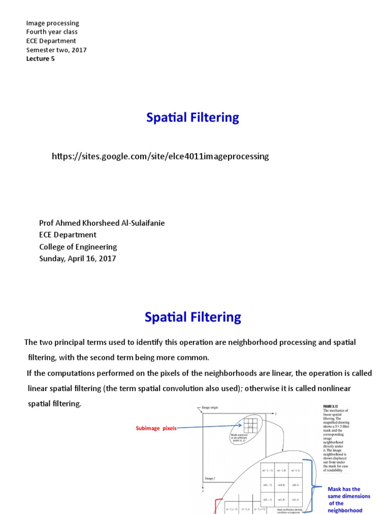 Spatial Filtering: Image Processing Fourth Year Class ECE Department Semester Two, 2017 | PDF ...