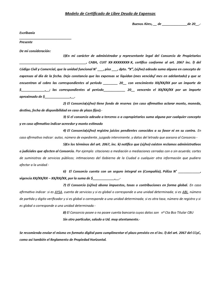 2018 07 05 Modelo Certificado Libre Deuda Expensas | PDF | Gobierno | Economias