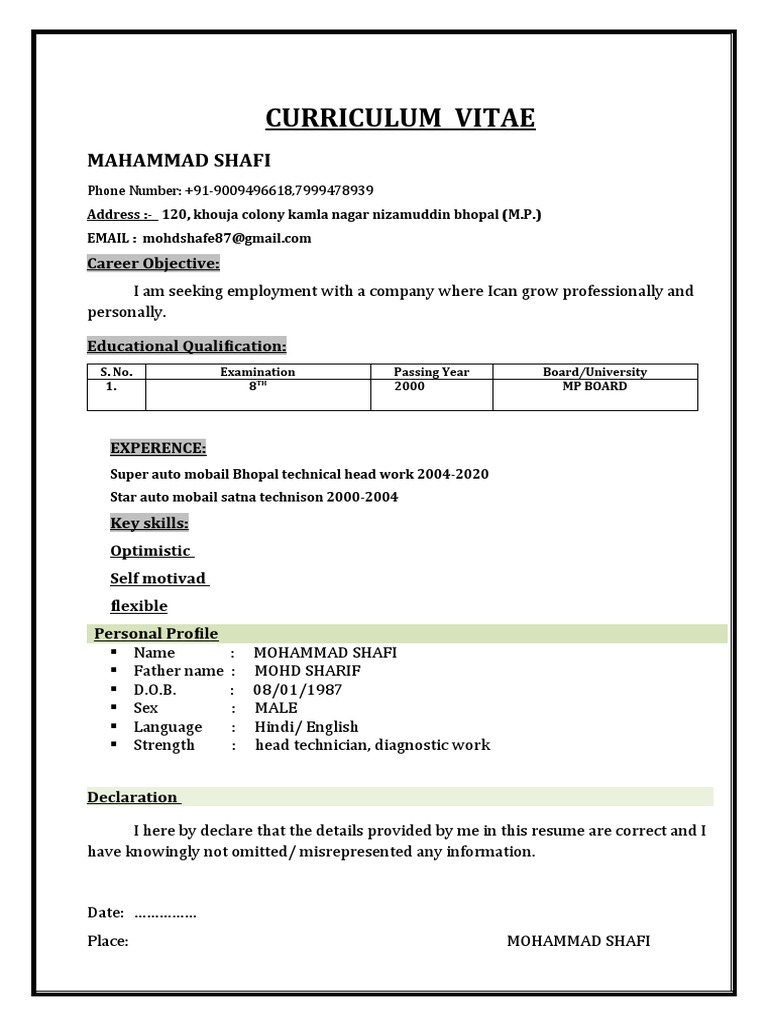 Curriculum Vitae: Mahammad Shafi | PDF