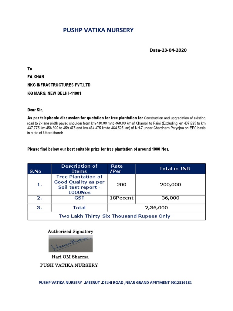 Tree Plantation Quotation for NH-7 | PDF
