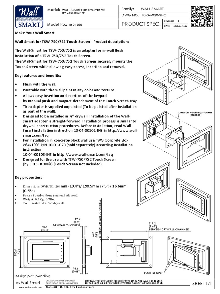 Product Spec.: Wall-Smart Model: Family: 10-04-030-SPC DWG No. Model No ...