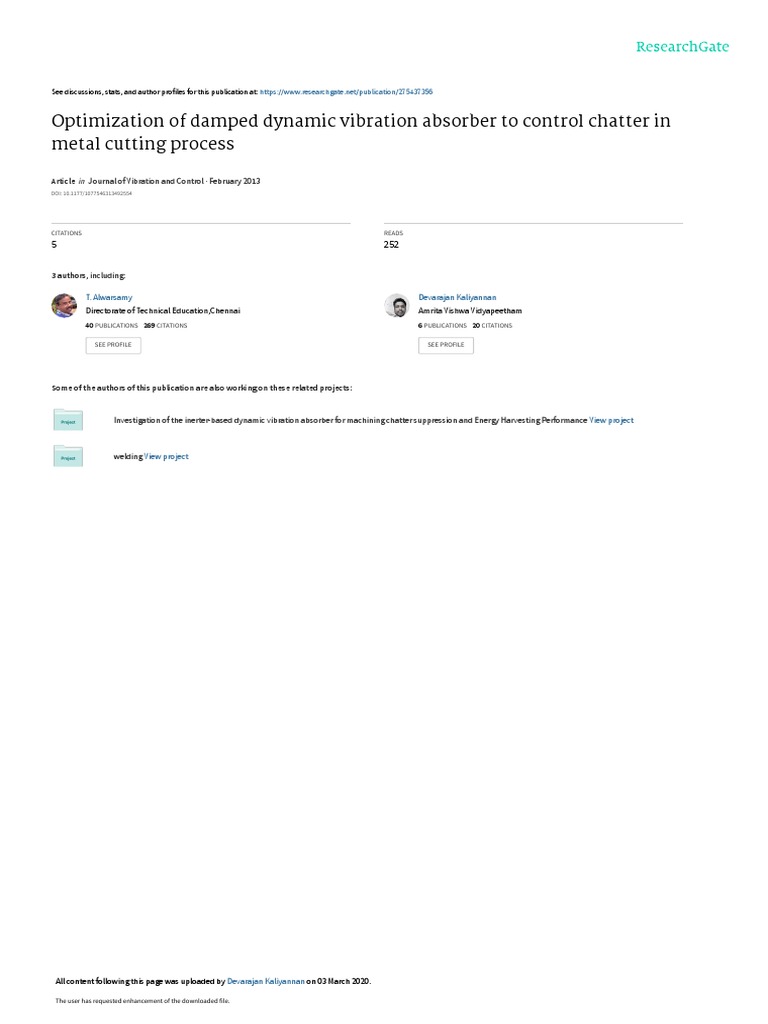 Optimization of Damped Dynamic Vibration Absorber To Control Chatter in Metal Cutting Process ...