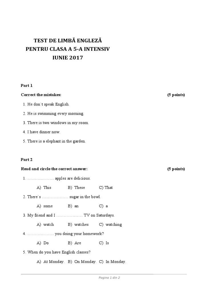 Test Engleza Clasa A V-A Varianta 3 | PDF