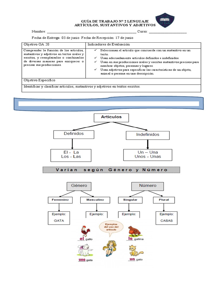 Guía N°1 de Lenguaje 3°, Artículos, Sustantivos y Adjetivos | PDF ...