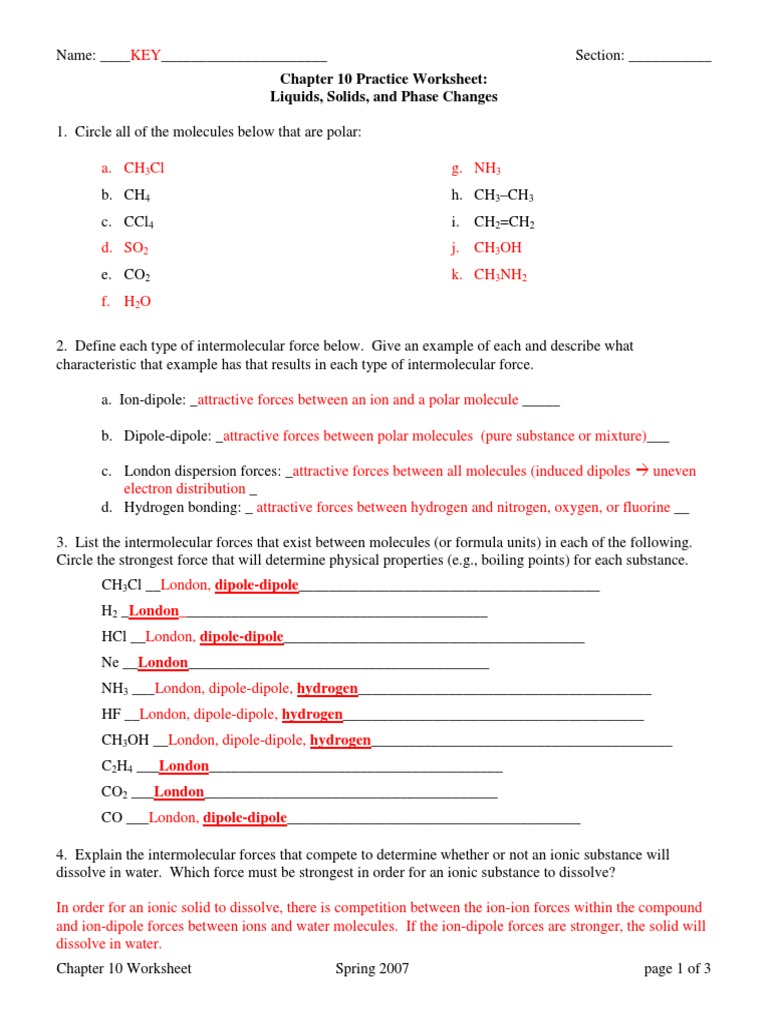 Chapter 10 Practice Worksheet: Liquids, Solids, and Phase Changes | PDF ...