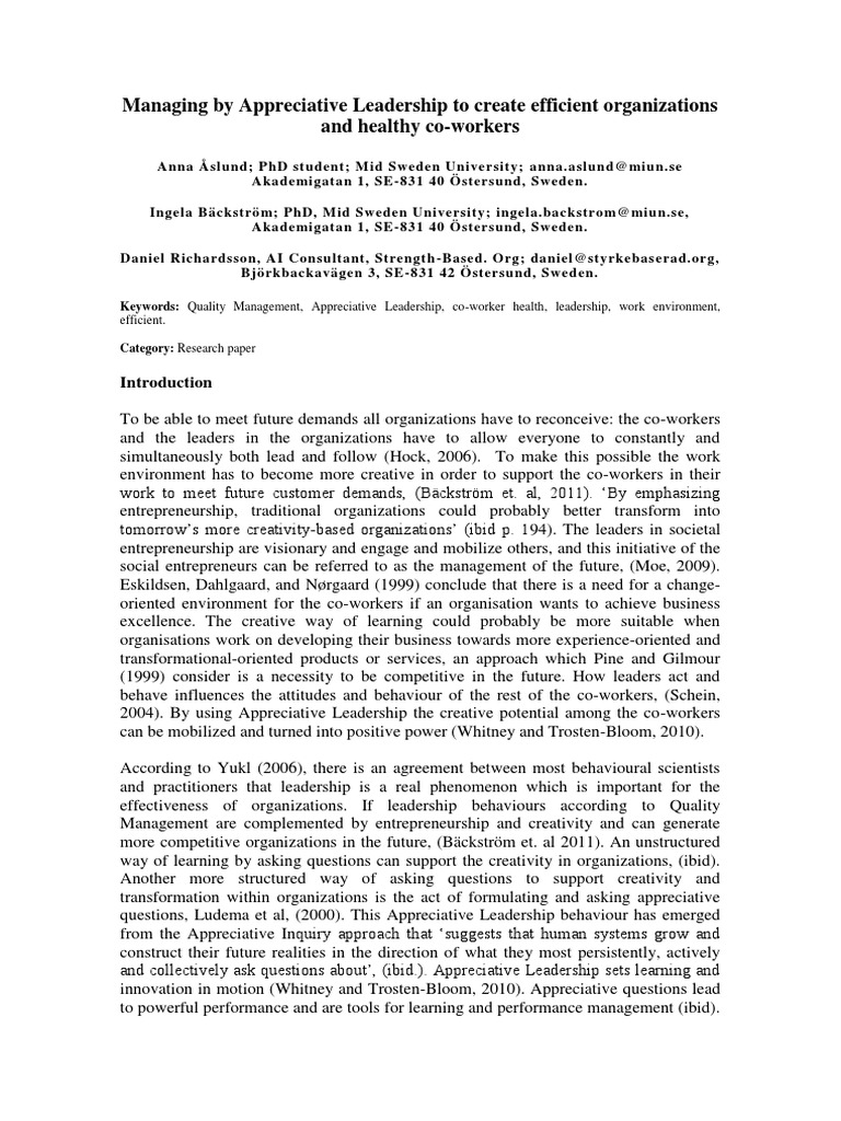 Managing by Appreciative Leadership To Create Efficient Organizations ...