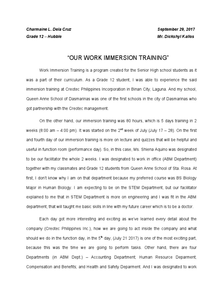 Work Immersion Training Is A Program Created For The Grade 12 Students ...