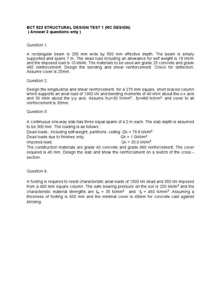 BCT 523 Structural Design Test 1 (RC Design) (Answer 3 Questions Only ...