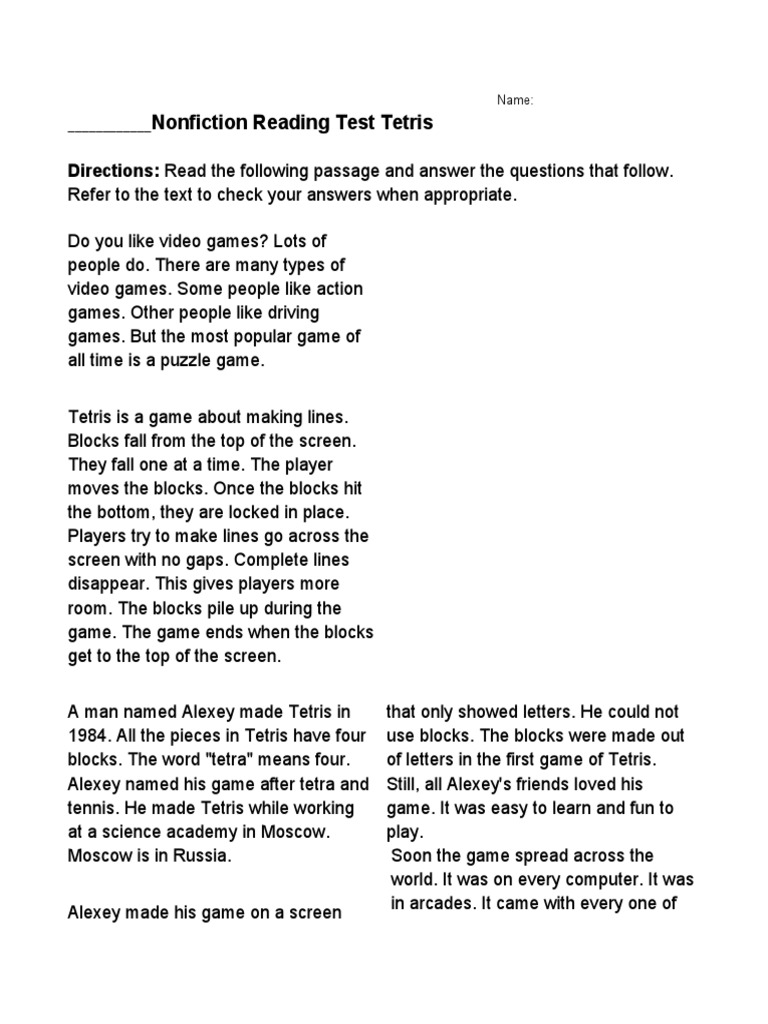 Nonfiction Reading Test Tetris Directions Read The Following Passage