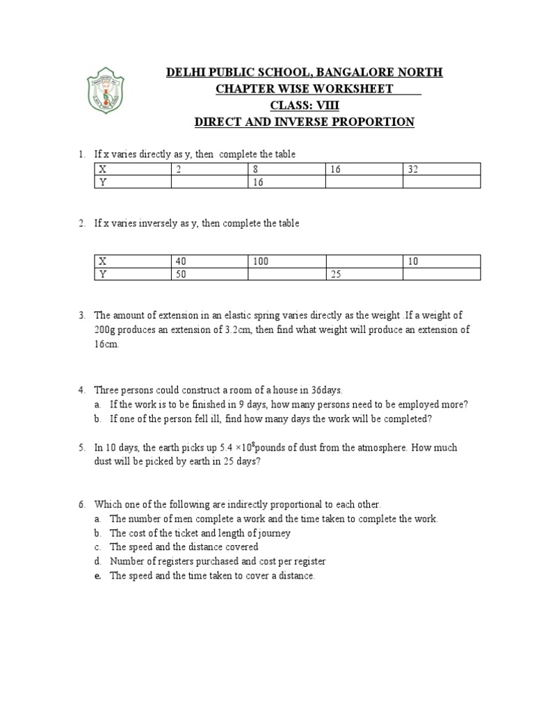 Delhi Public School, Bangalore North Chapter Wise Worksheet Class: Viii ...