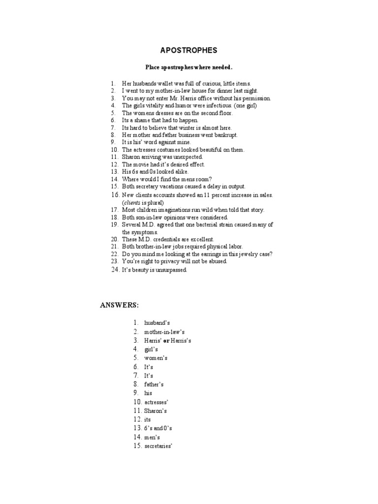 APOSTROPHE-English Grammar Practice Exercise | PDF | Mystery, Thriller ...