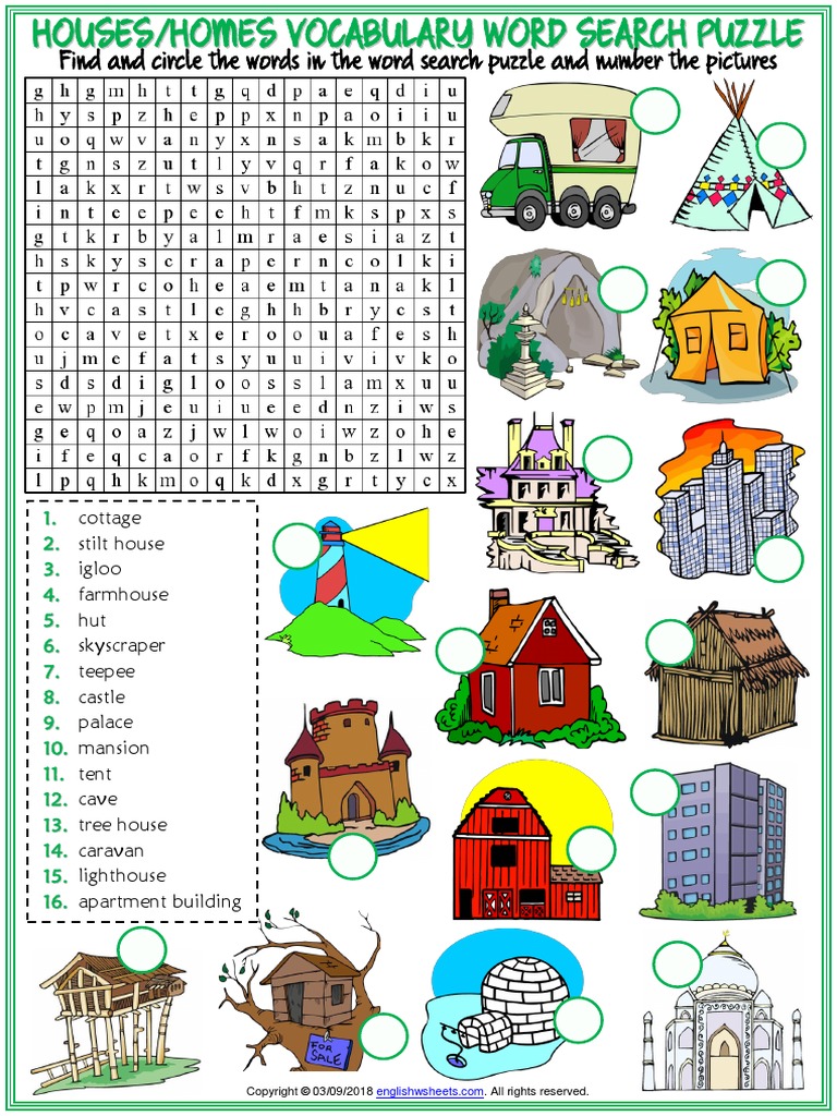 Types of Houses Vocabulary Esl Word Search Puzzle Worksheet For Kids | PDF