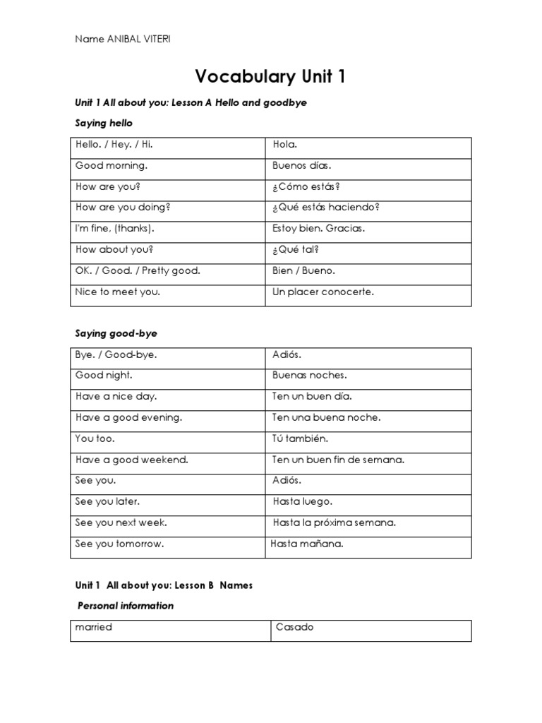 Vocabulary Unit 1 | PDF | Idiomas