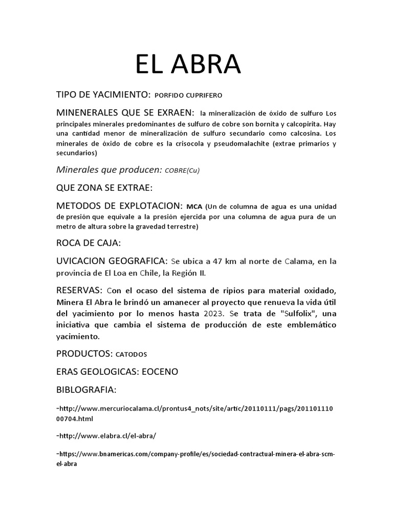 Minera El Abra: Yacimiento y Producción | PDF