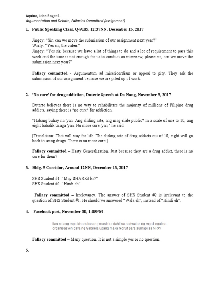 Argumentation and Debate, Fallacies Committed (Assignment) : Aquino ...