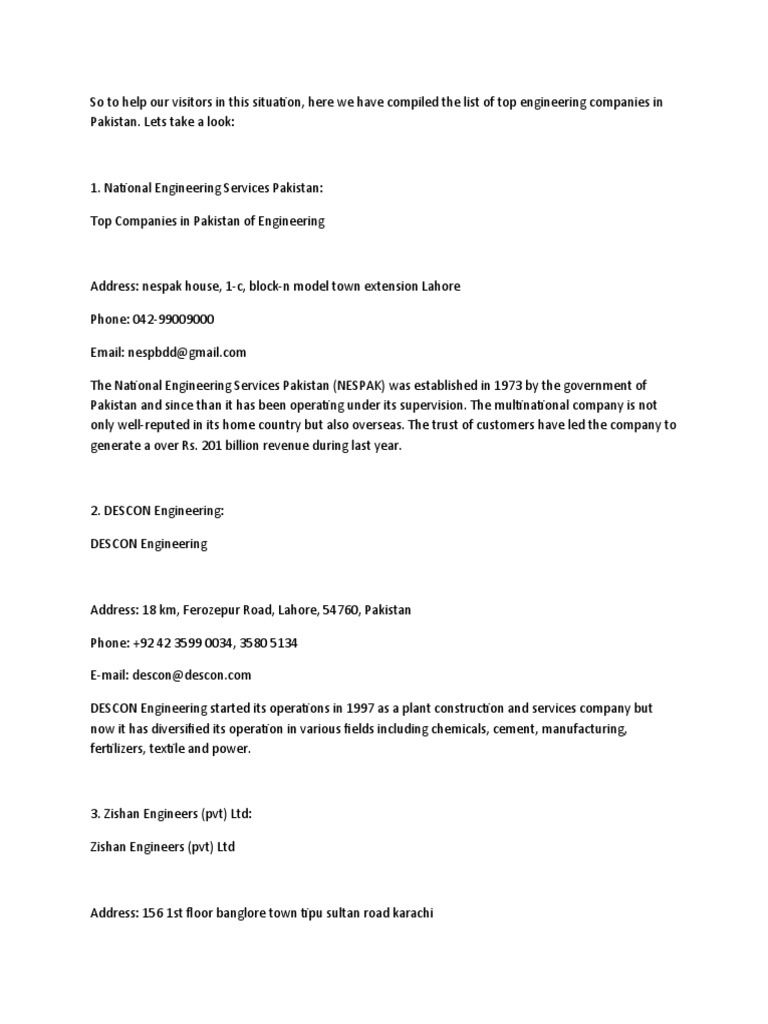 Engineering Companies in Pakistan | PDF | Pakistan | Engineering