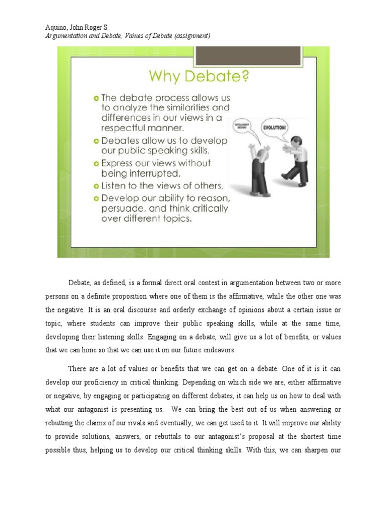 Argumentation and Debate, Values of Debate (Assignment) : Aquino, John ...