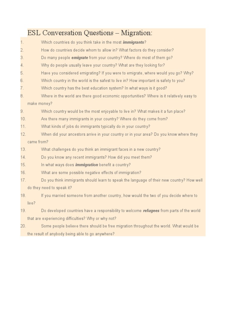 ESL Conversation Questions Migration | PDF