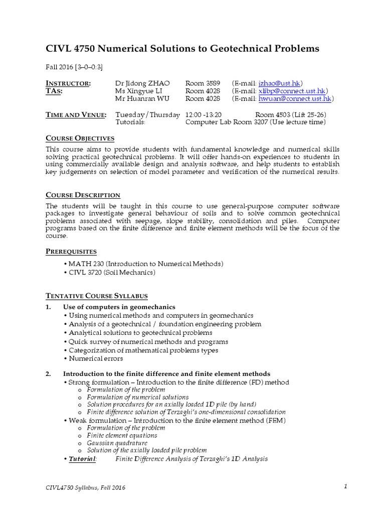 CIVL 4750 Numerical Solutions To Geotechnical Problems: I: TA: T V: Tuesday/ C O | PDF | Finite ...