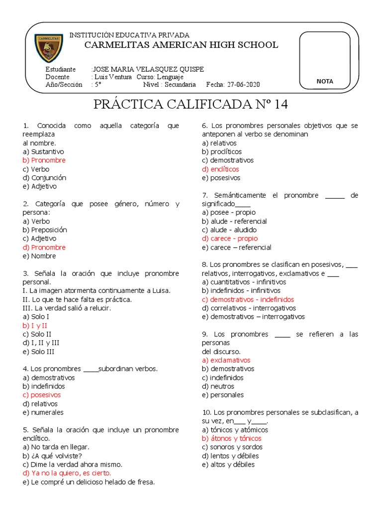 Pract. Leng. 5° Clase 14 | PDF | Adjetivo | Pronombre