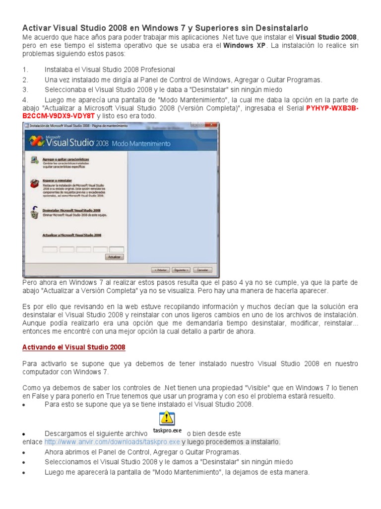 Activar Visual Studio 2008 en Windows 7 y Superiores Sin Desinstalarlo | Descargar gratis PDF ...