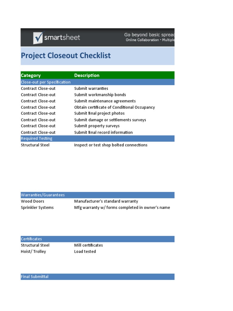Project Closeout Checklist Template | PDF