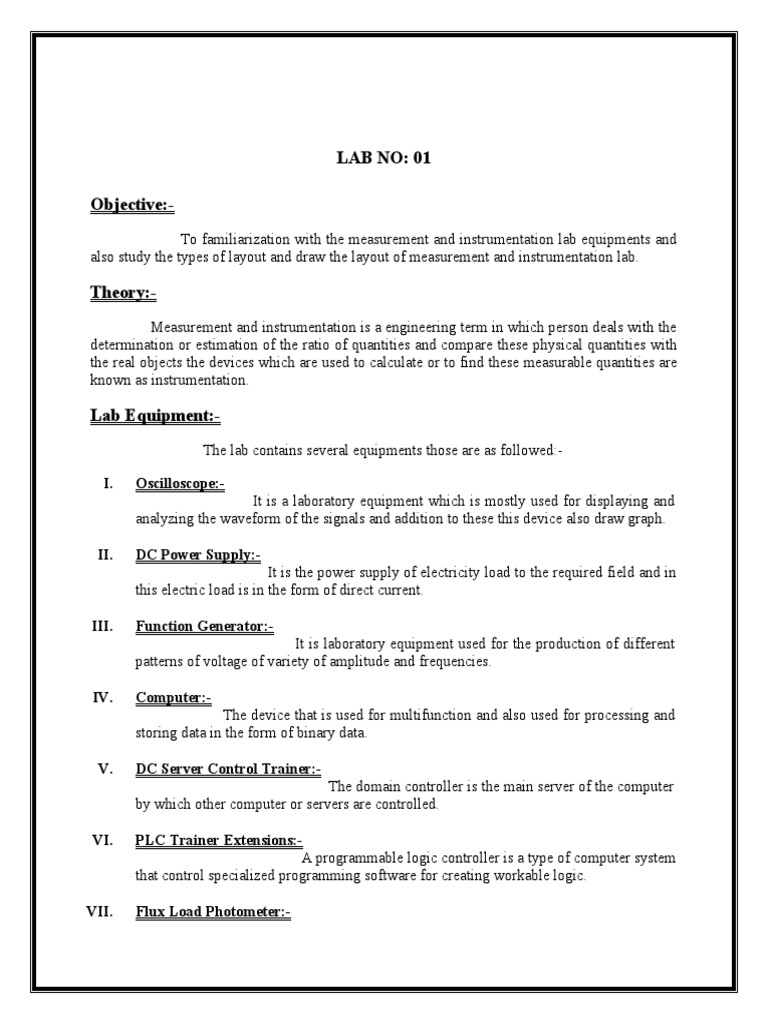 Lab No: 01 Objective:-: To Familiarization With The Measurement and Instrumentation Lab ...