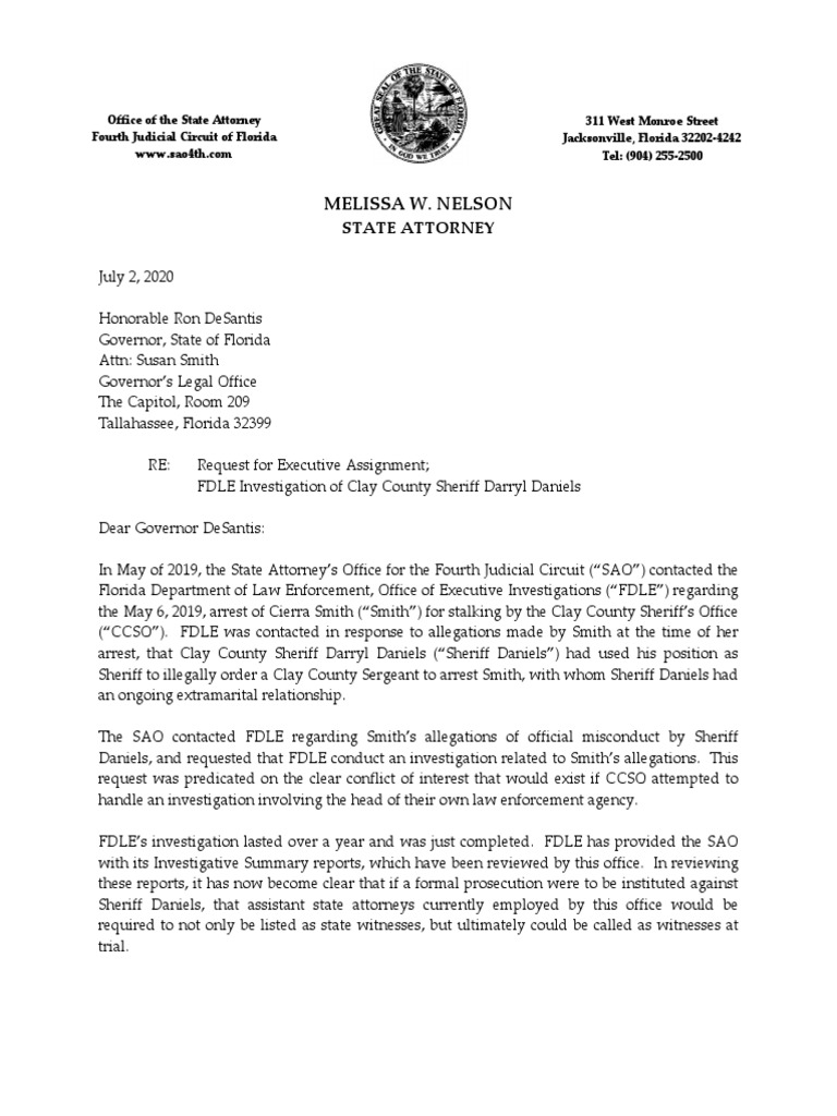 State Attorney Melissa Nelson's Letter To Gov. Ron DeSantis | Sheriff ...