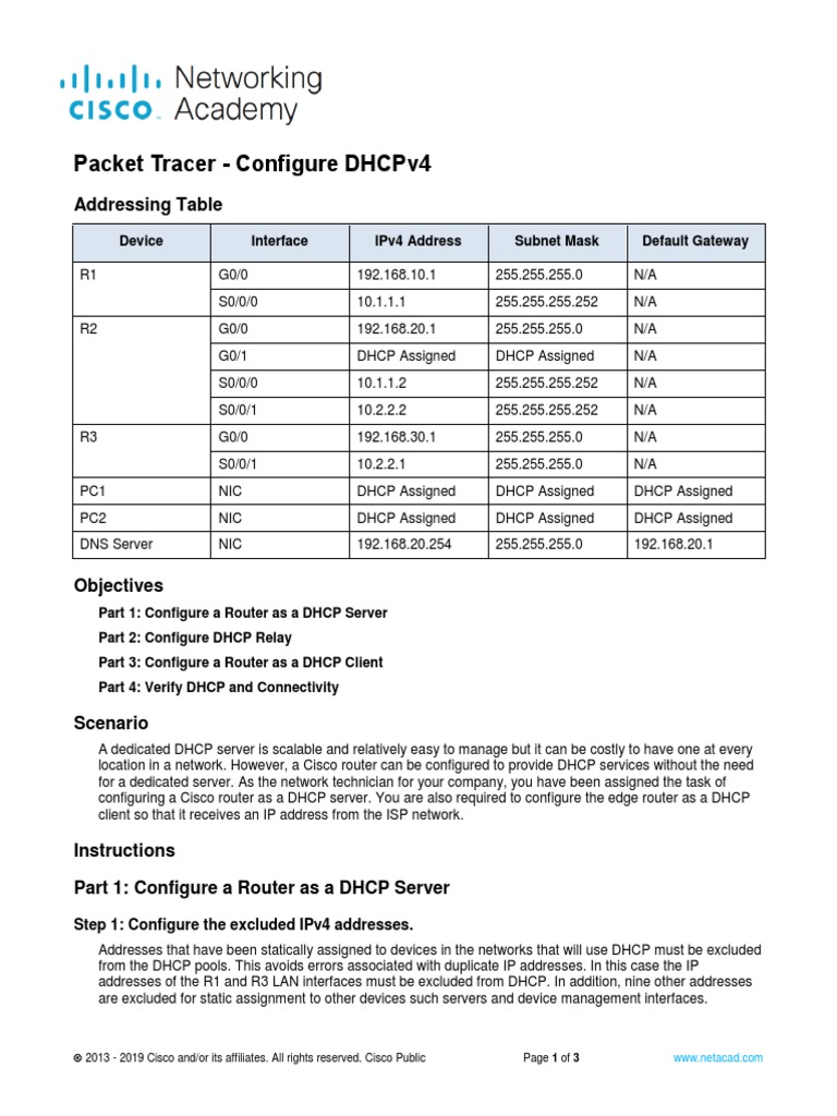 Packet Tracer - Configure Dhcpv4: Addressing Table | PDF | Ip Address | Router (Computing)