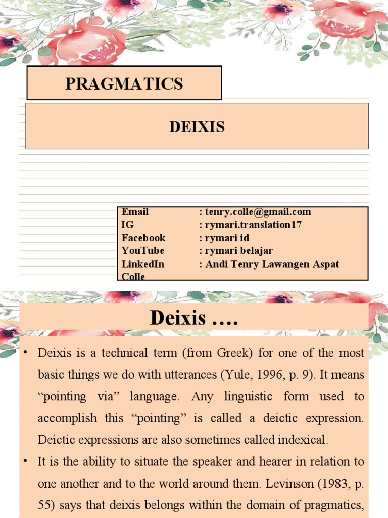 Pragmatics: Deixis | PDF | Symbols | Semiotics
