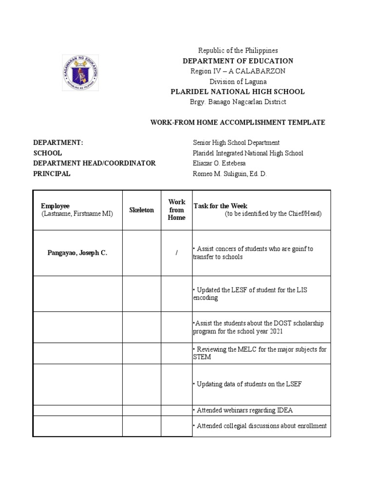 Work-From Home Accomplishment Template Department: School Department ...