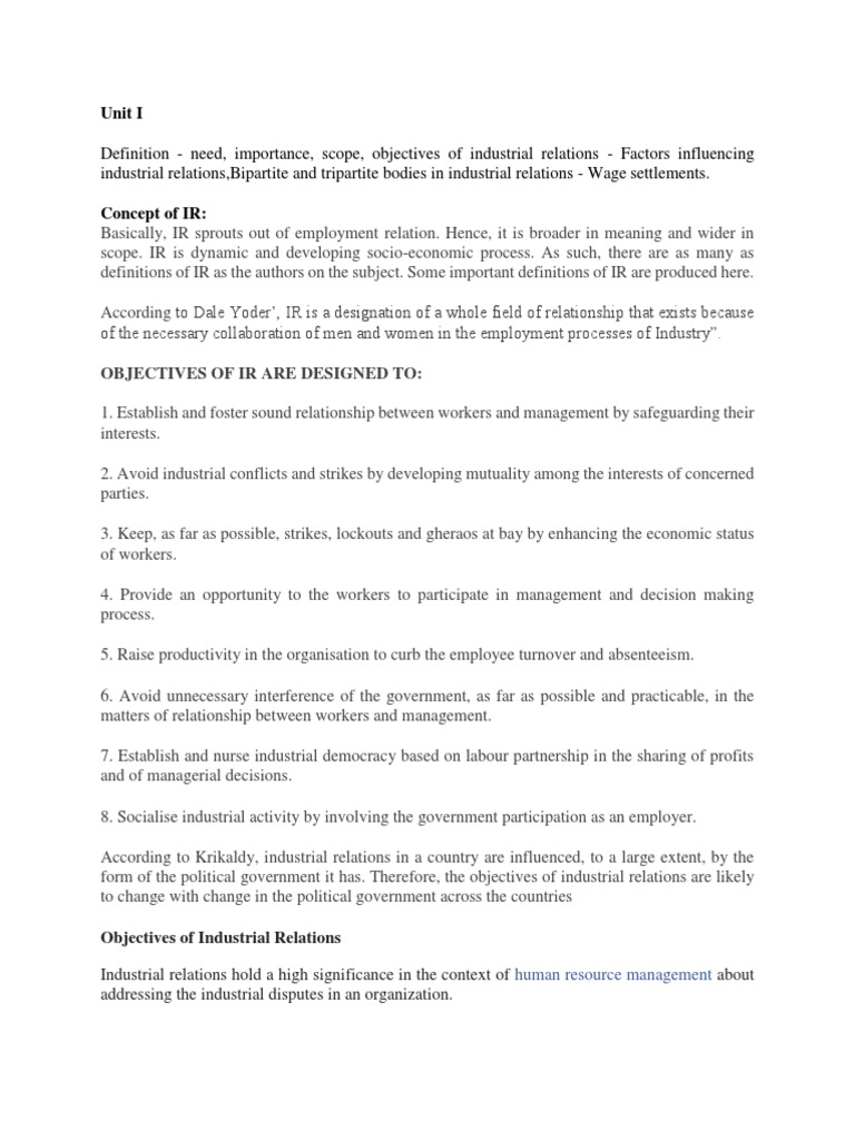 Notes On IR Complete Unit I PDF | PDF | Industrial Relations | Employment