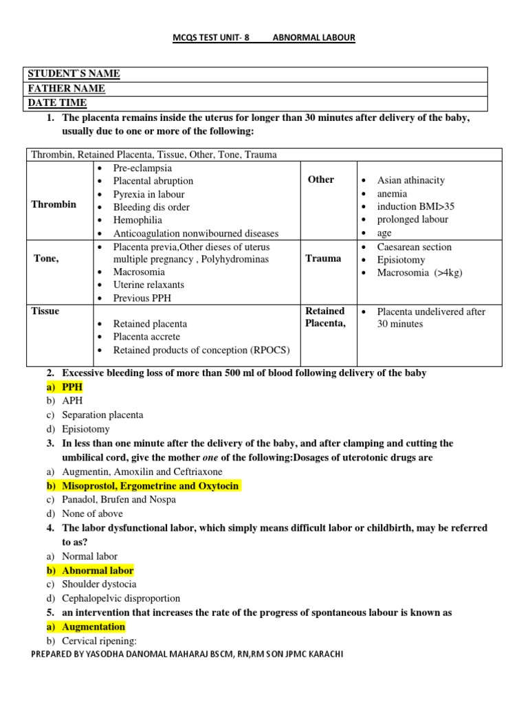 Mcqs Test Unit 8 With Key | PDF | Childbirth | Pregnancy