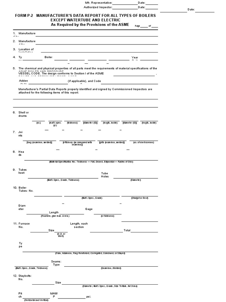 FORM P-2 MANUFACTURERS DATA REPORT FOR ALL TYPES OF BOILERS EXCEPT ...