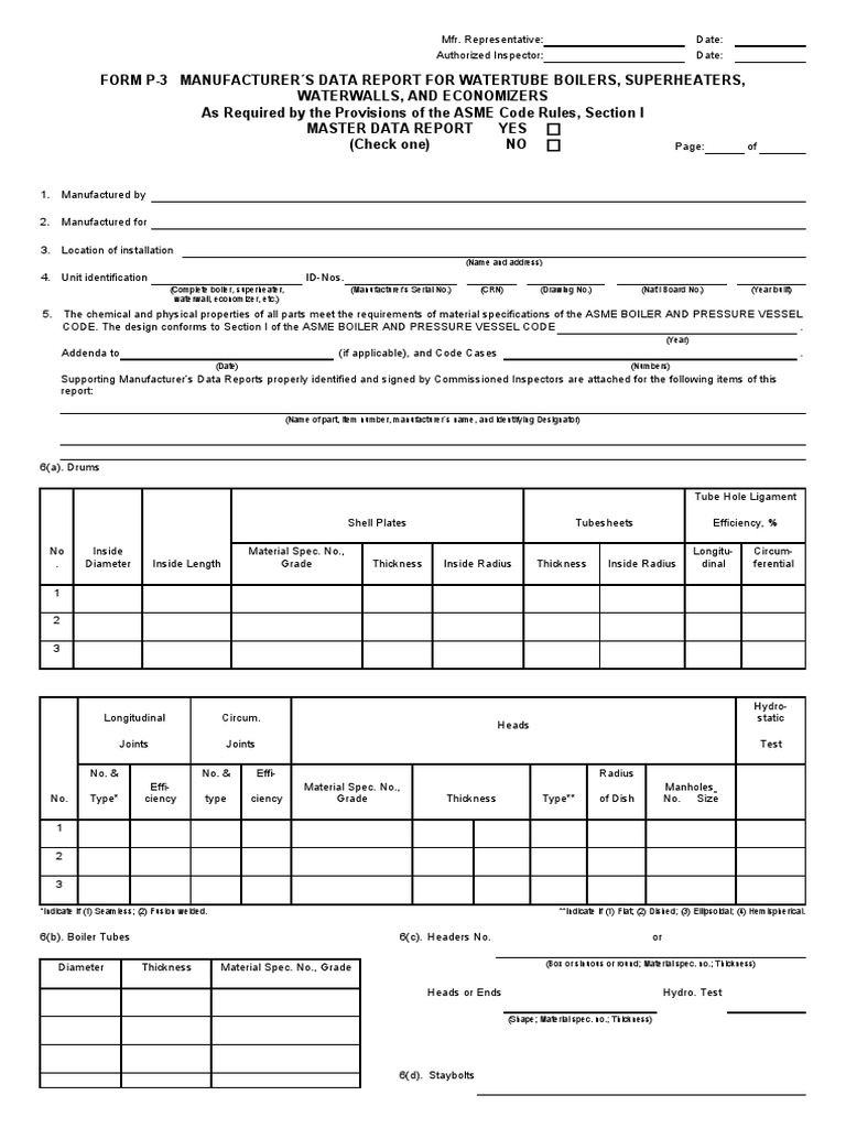FORM P-3 MANUFACTURERS DATA REPORT FOR WATERTUBE BOILERS SUPERHEATERS ...