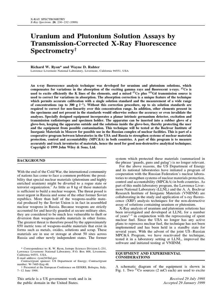 Uranium and Plutonium Solution Assays by Transmission-Corrected X-Ray ...